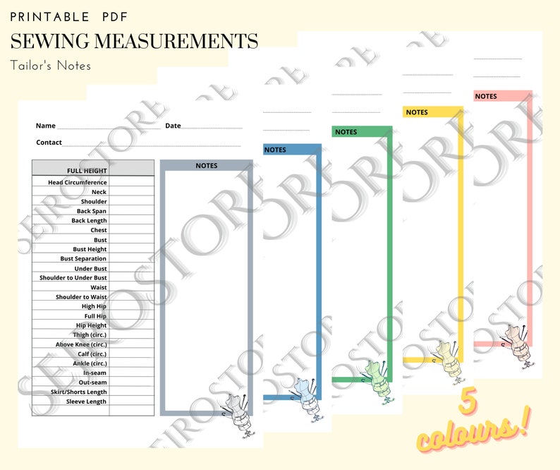 Printable Tailor's Sewing Measurement Chart Notebook | Digital PDF ...
