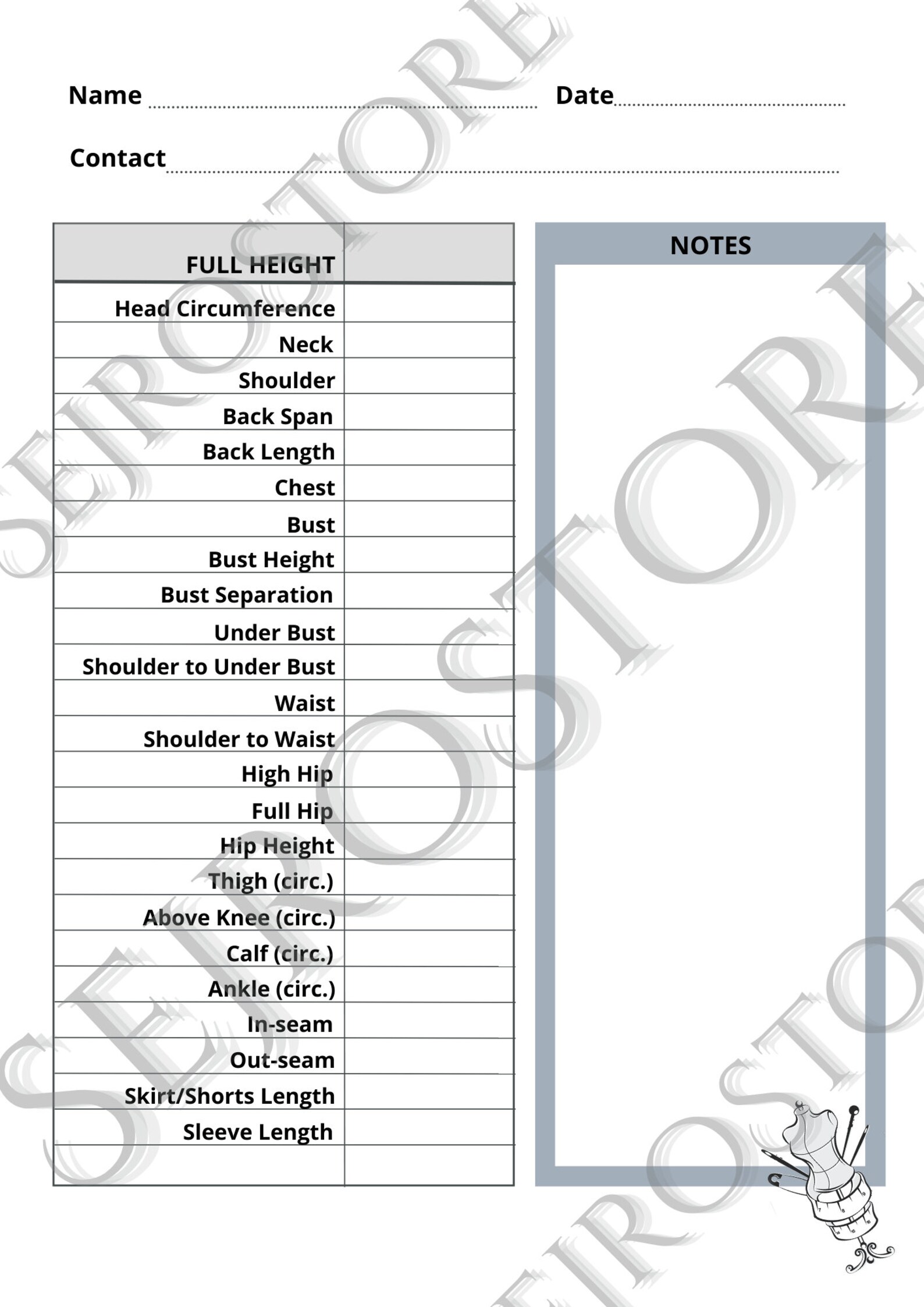 Printable Tailor's Sewing Measurement Chart Notebook | Digital PDF ...