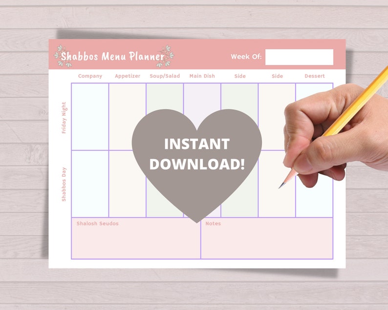 Printable Shabbos Menu Planner: Weekly Meal Plan (PDF) - Etsy