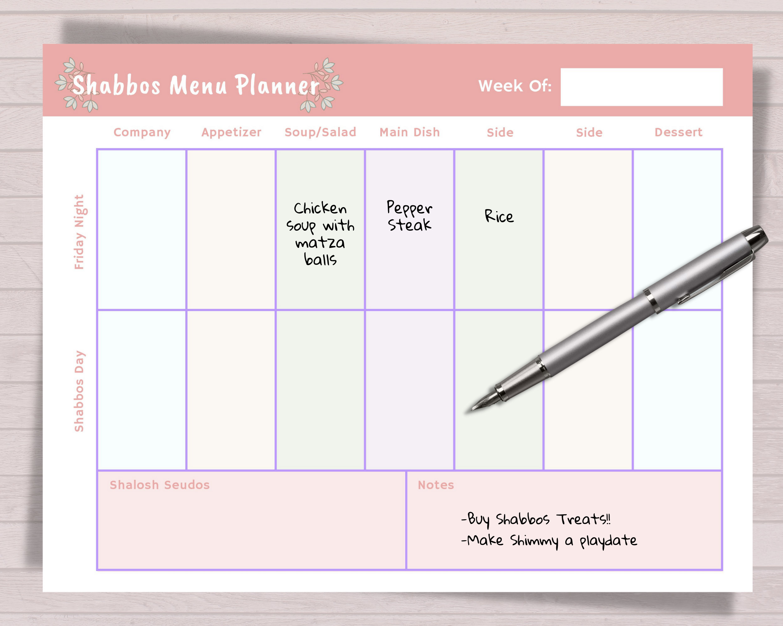Printable Shabbos Menu Planner: Weekly Meal Plan (PDF) - Etsy
