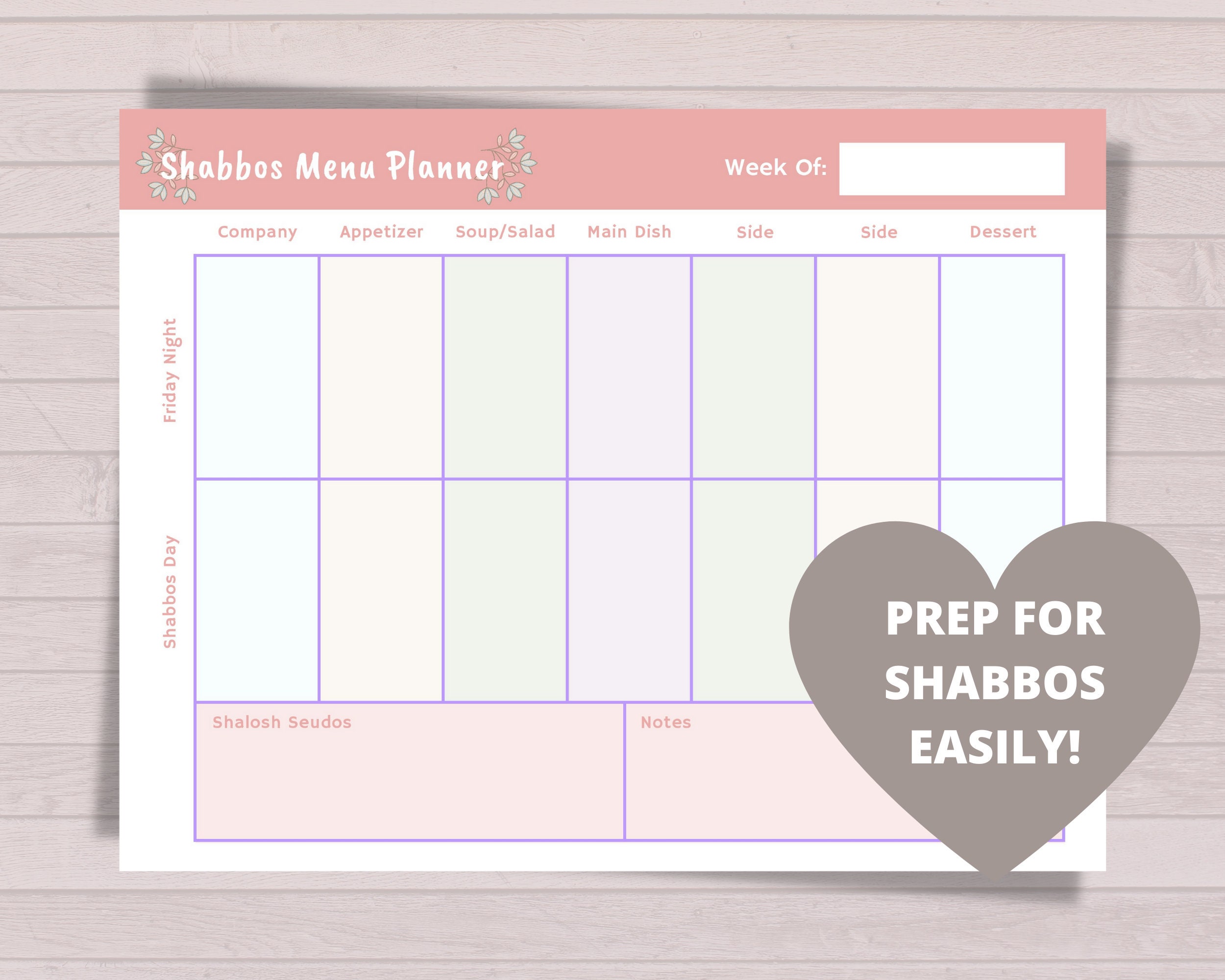Printable Shabbos Menu Planner: Weekly Meal Plan (PDF) - Etsy