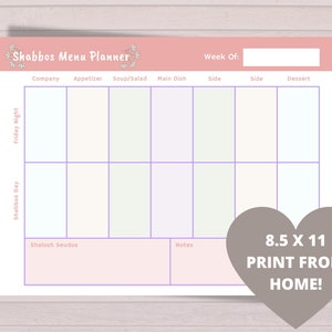 Printable Shabbos Menu Planner: Weekly Meal Plan (PDF) - Etsy