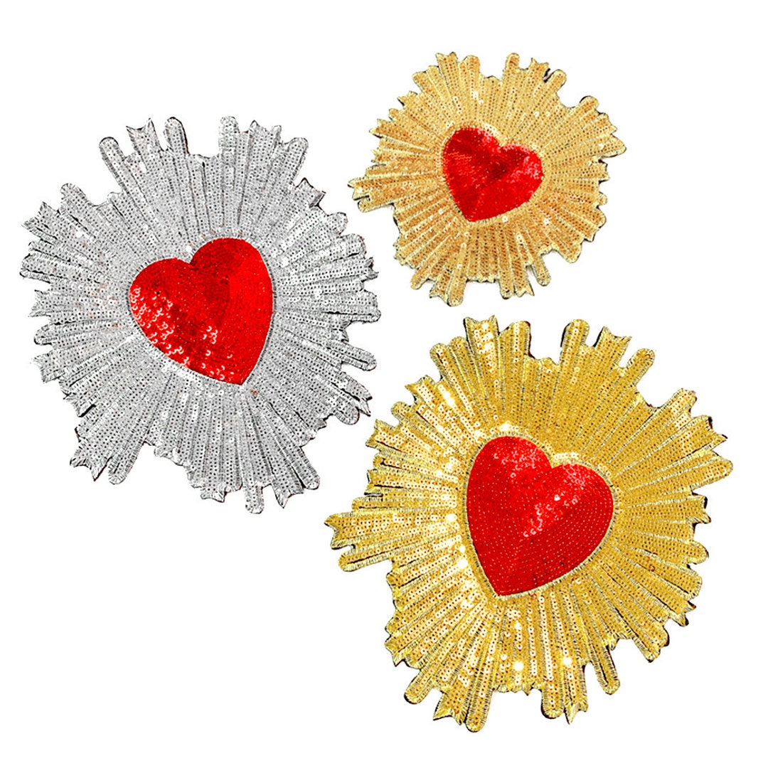 Large Heart Sequin Iron on Patch Gold Silver Back Patch Sew on Sequined Sparkling Coloful for ...
