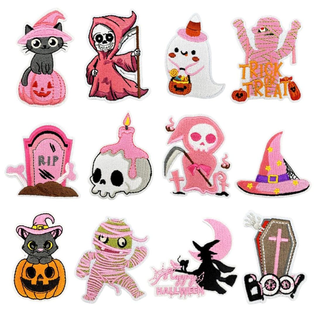 Pink Halloween Iron on Patch Ghost Witch Hat Cat Jack O'lantern Grim ...