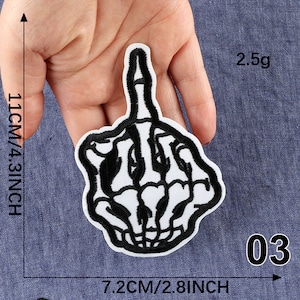 Skeleton Middle Finger Sew Iron on Patch Bone Hand Sign Rock and Roll ...