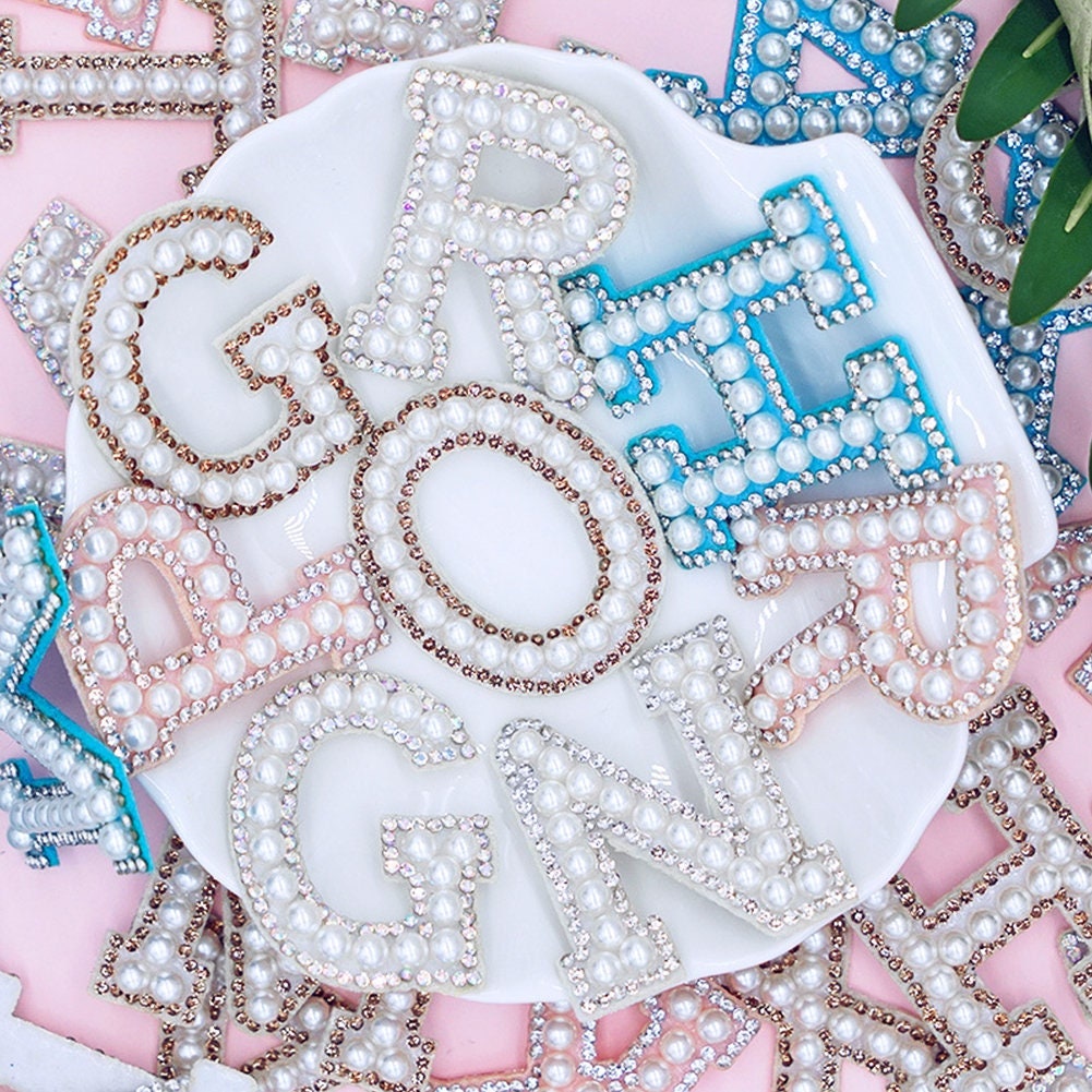 Pearl Rhinestone Letter Iron on Patch Sew Beaded Alphabet A-Z Bling ...