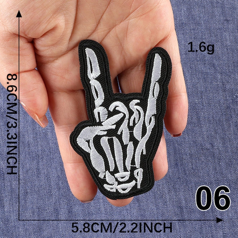 Skeleton Middle Finger Sew Iron on Patch Bone Hand Sign Rock and Roll ...