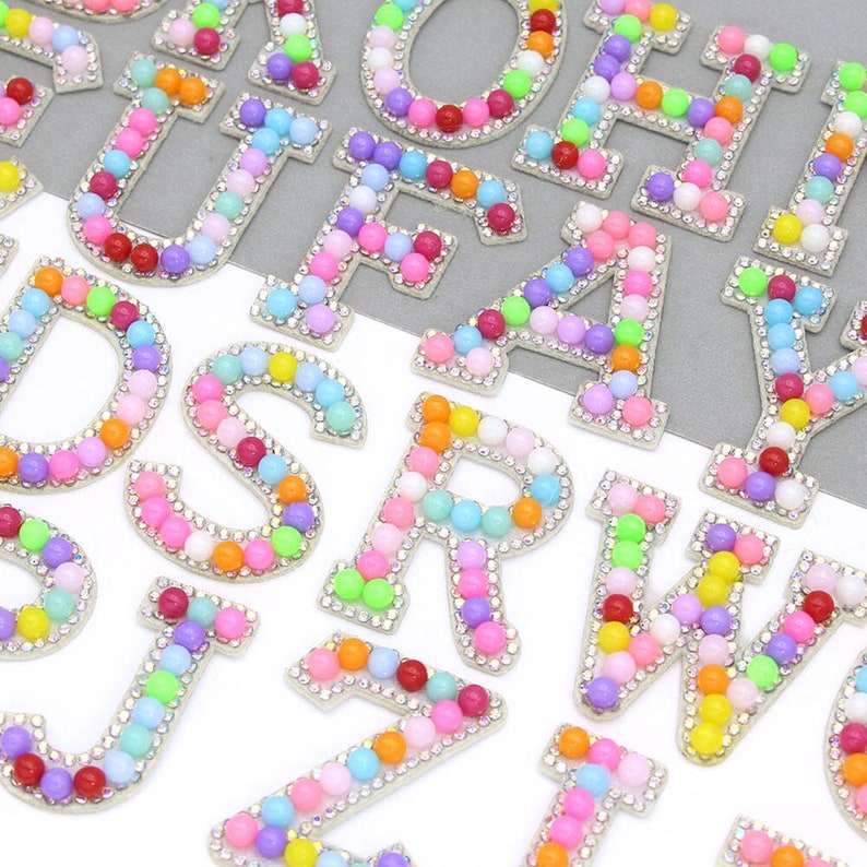 Macaron Candy Color Beaded Letter Iron on Patch Sew Alphabet A-Z Pearl ...