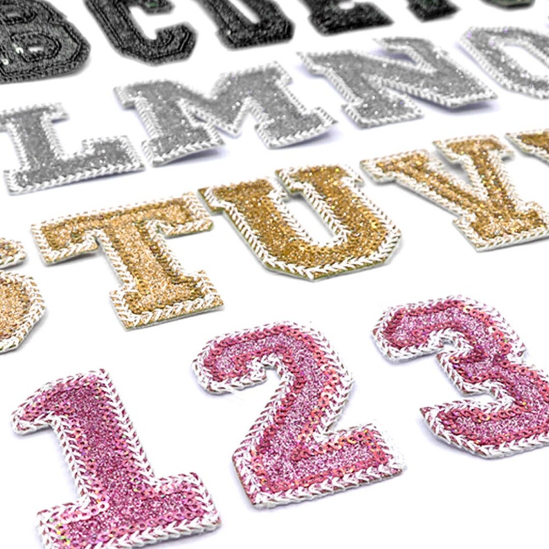 Large Sequin Letter Iron on Patch Glitter Number 0-9 Gold Silver Pink ...