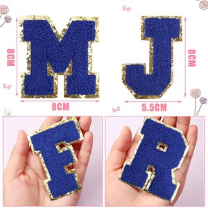 Royal Blue Chenille Letter Iron on Patch Alphabet Patch Sew on 3.2"/8cm Large A-Z Gold Trim ...