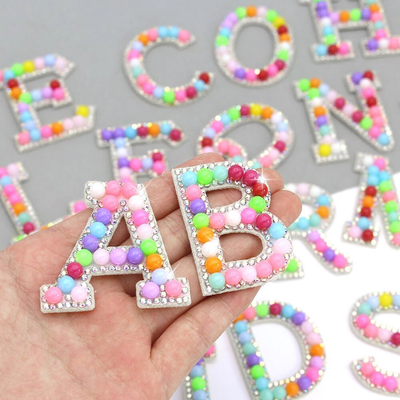 Macaron Candy Color Beaded Letter Iron on Patch Sew Alphabet A-Z Pearl ...
