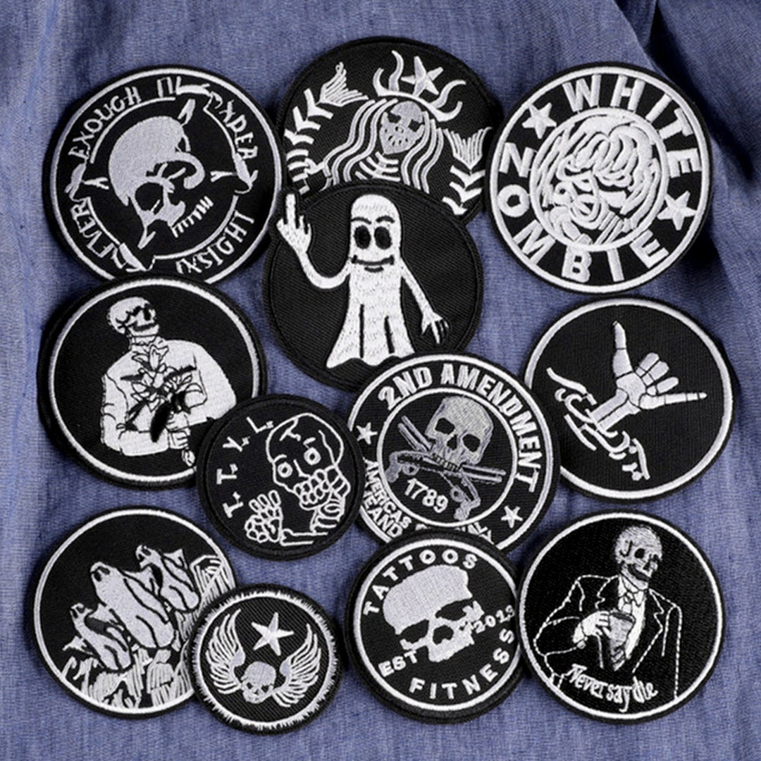 Skeleton Skull Round Iron on Patch Sew Black White Bone Ghost Zombie ...