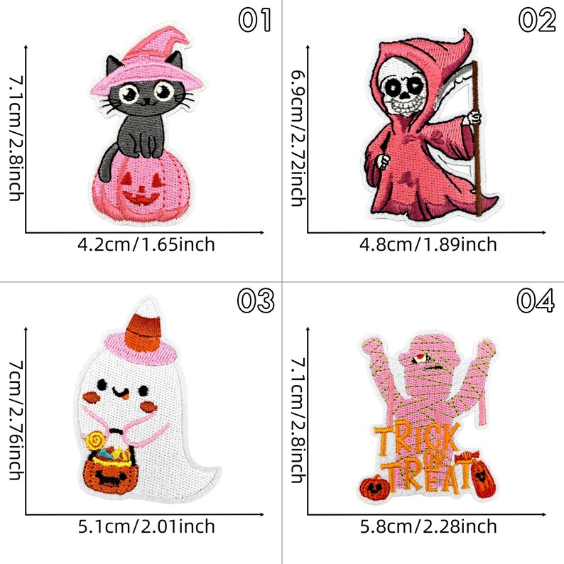 Pink Halloween Iron on Patch Ghost Witch Hat Cat Jack O'lantern Grim ...
