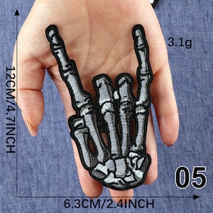 Skeleton Middle Finger Sew Iron on Patch Bone Hand Sign Rock and Roll ...