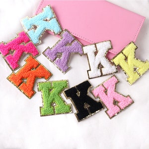 Chenille Letter A-Z Iron on Sew Patch 2.15"/5.5cm Colorful Gold Trim ...