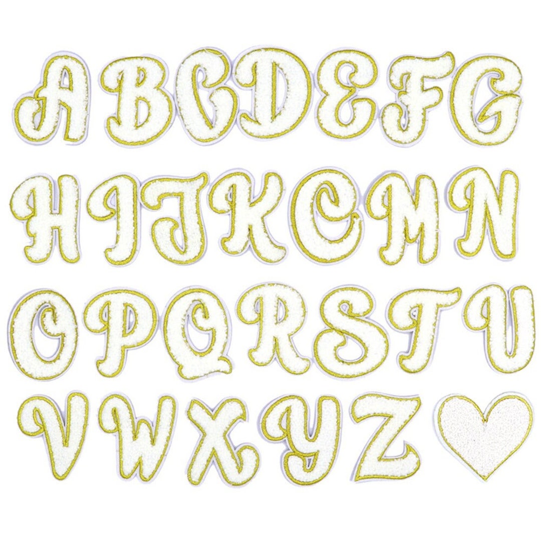 Chenille Letter Iron on Patch Sew 2.75/7cm Cursive Alphabet A-Z Gold ...