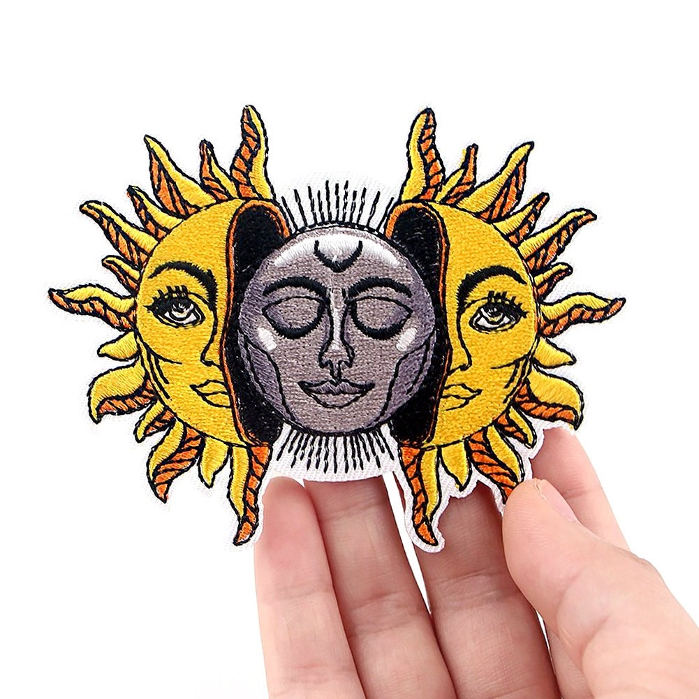 Sun Moon God Iron on Patch Sew Celestial Art Solar Full Moon Face ...