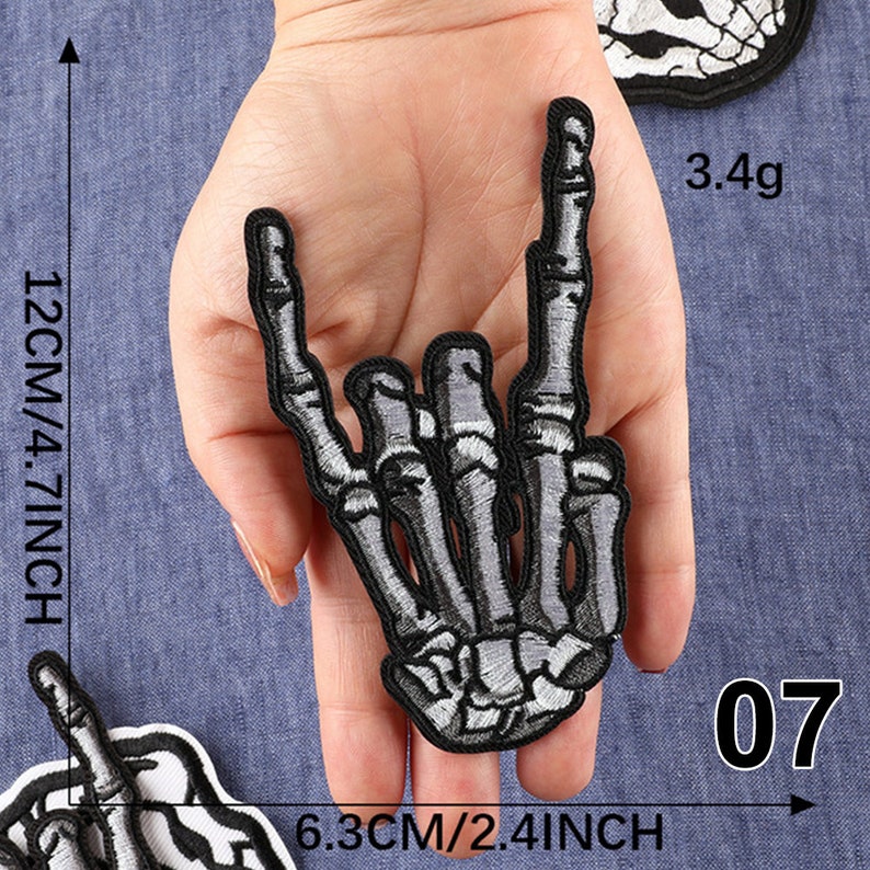 Skeleton Middle Finger Sew Iron on Patch Bone Hand Sign Rock and Roll ...