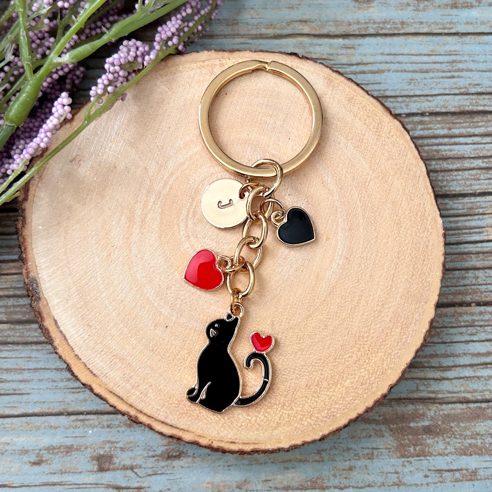Cat & Hearts Initial Charm Enamel Gold Keychain, Animal Backpack Purse ...