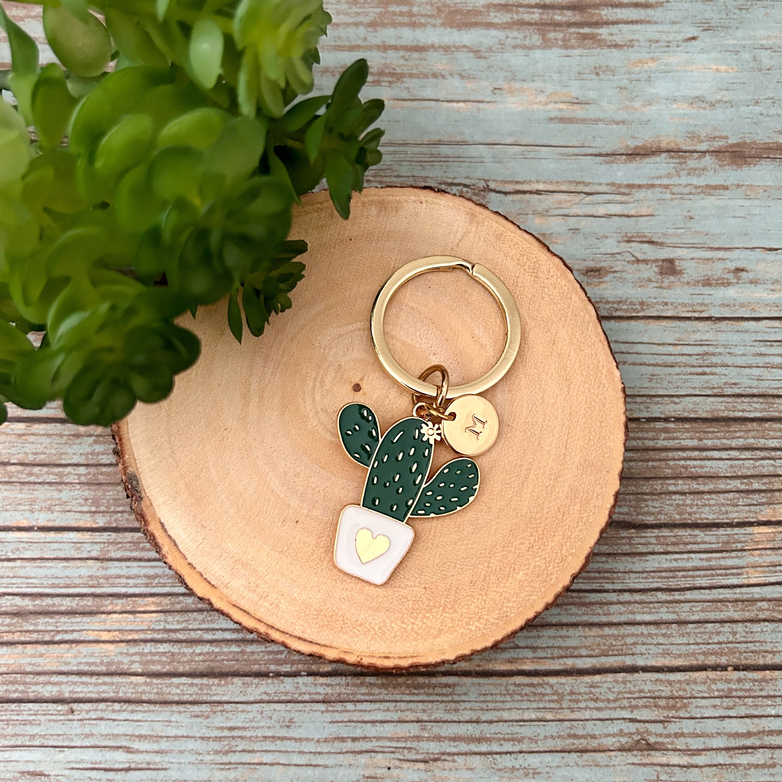 Personalized Initial Cactus Keychain, Succulent Cactus Enamel Keychain ...