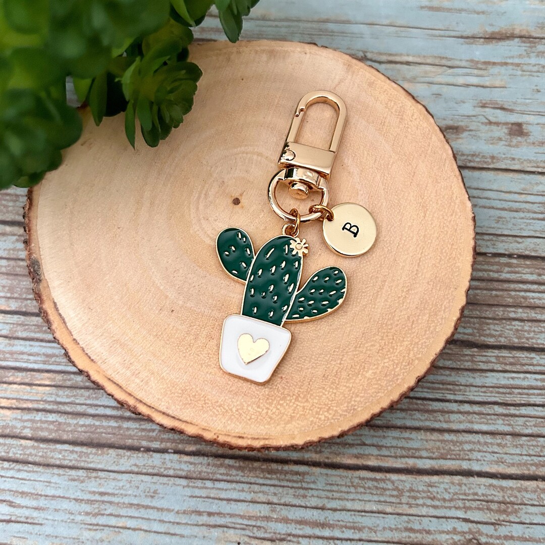 Personalized Initial Cactus Keychain, Succulent Cactus Enamel Keychain ...