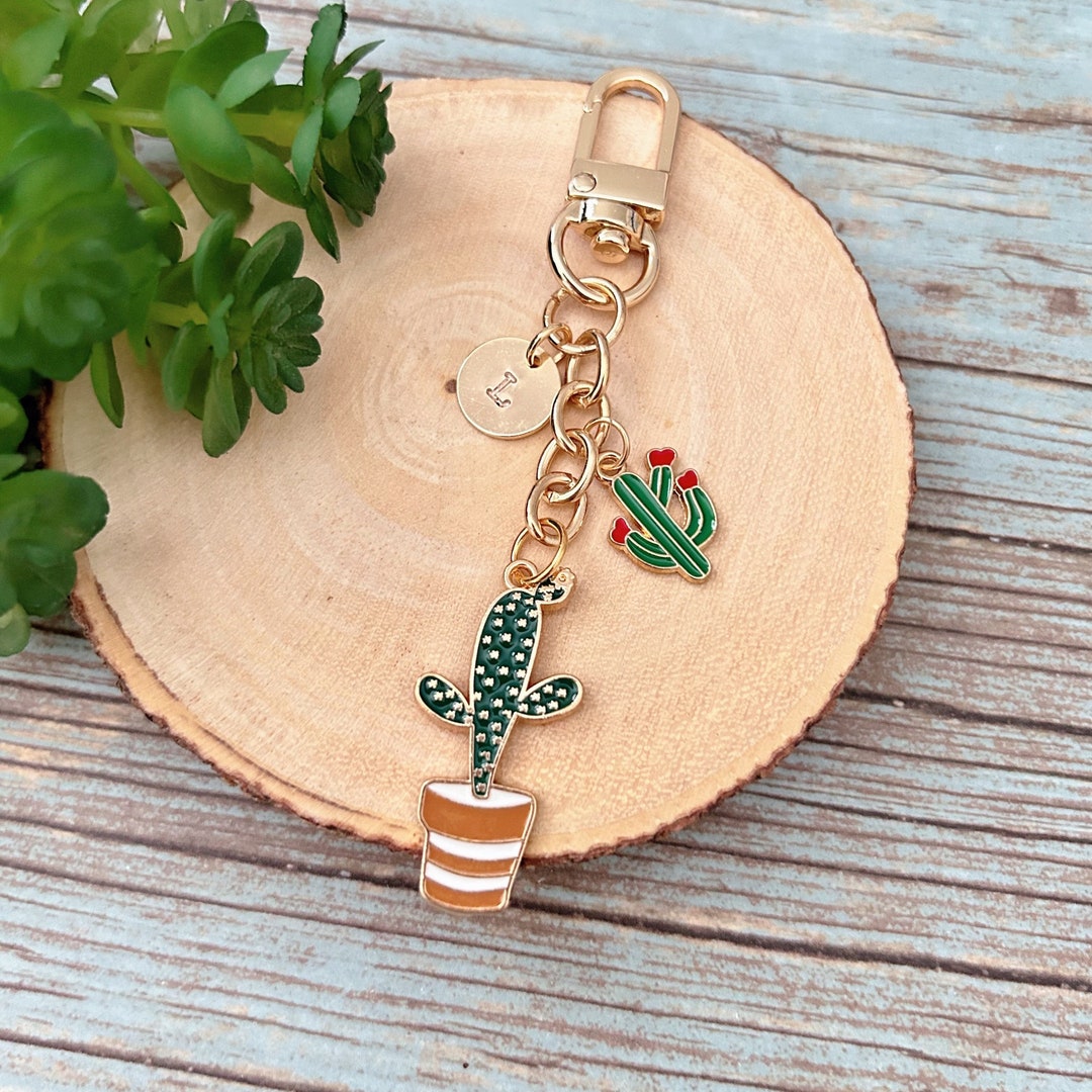 Succulent Cactus Enamel Keychain, Personalized Initial Charm Plant ...