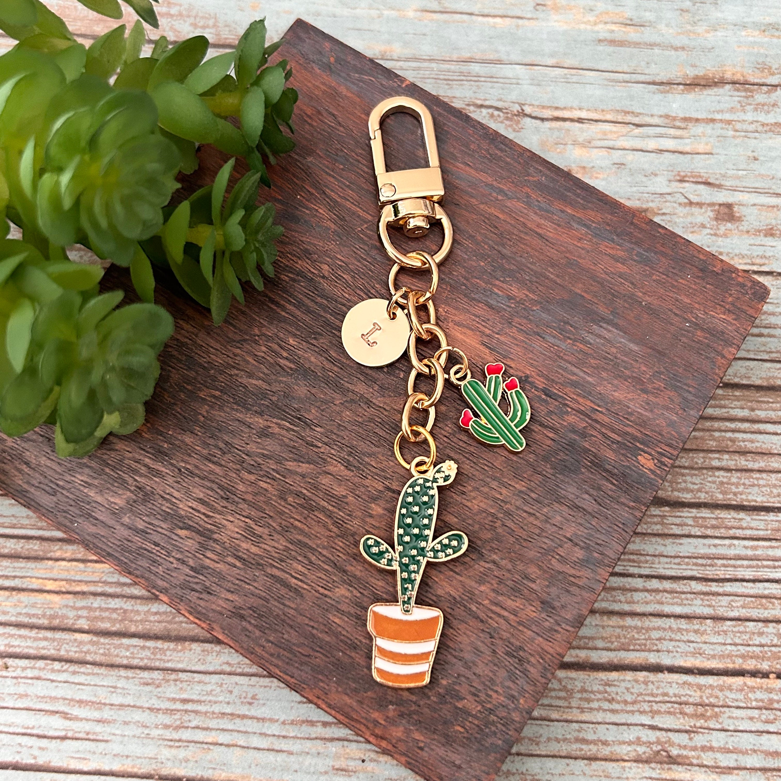 Succulent Cactus Enamel Keychain, Personalized Initial Charm Plant ...