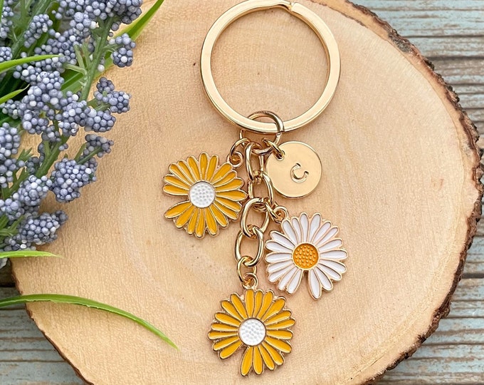 Personalized Initial Keychain, Daisy Flower Enamel Keychain, Sunflower ...