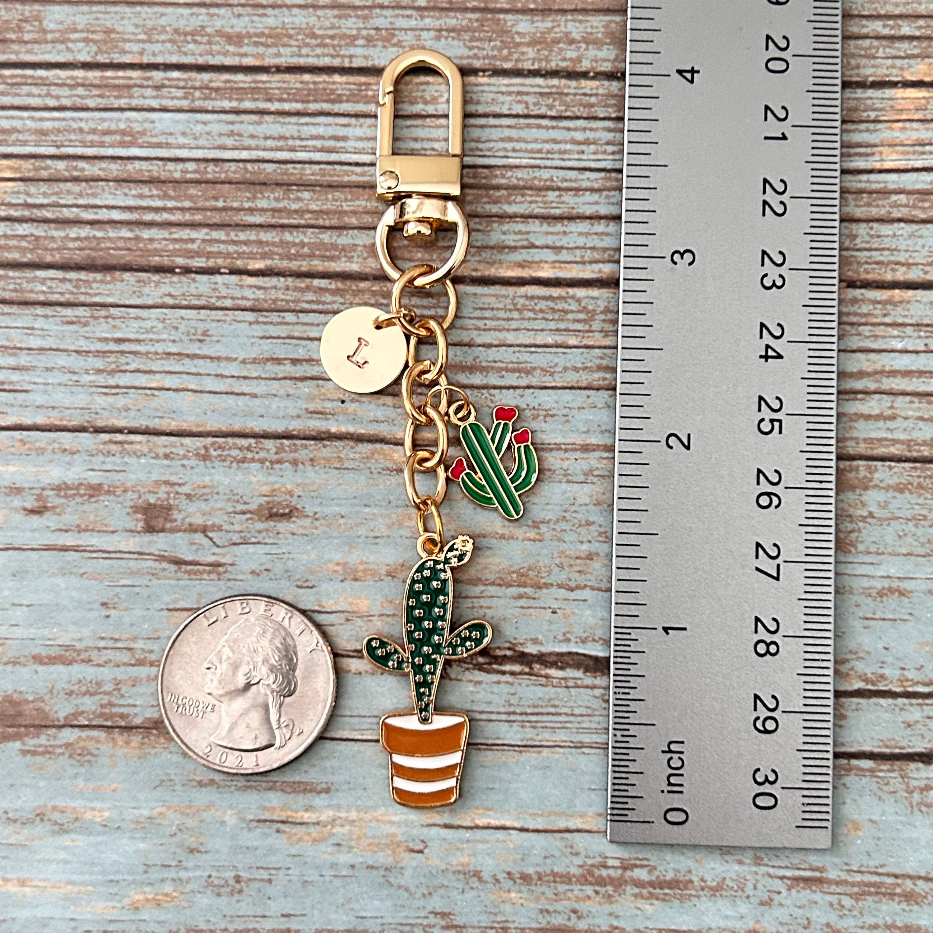 Succulent Cactus Enamel Keychain, Personalized Initial Charm Plant ...