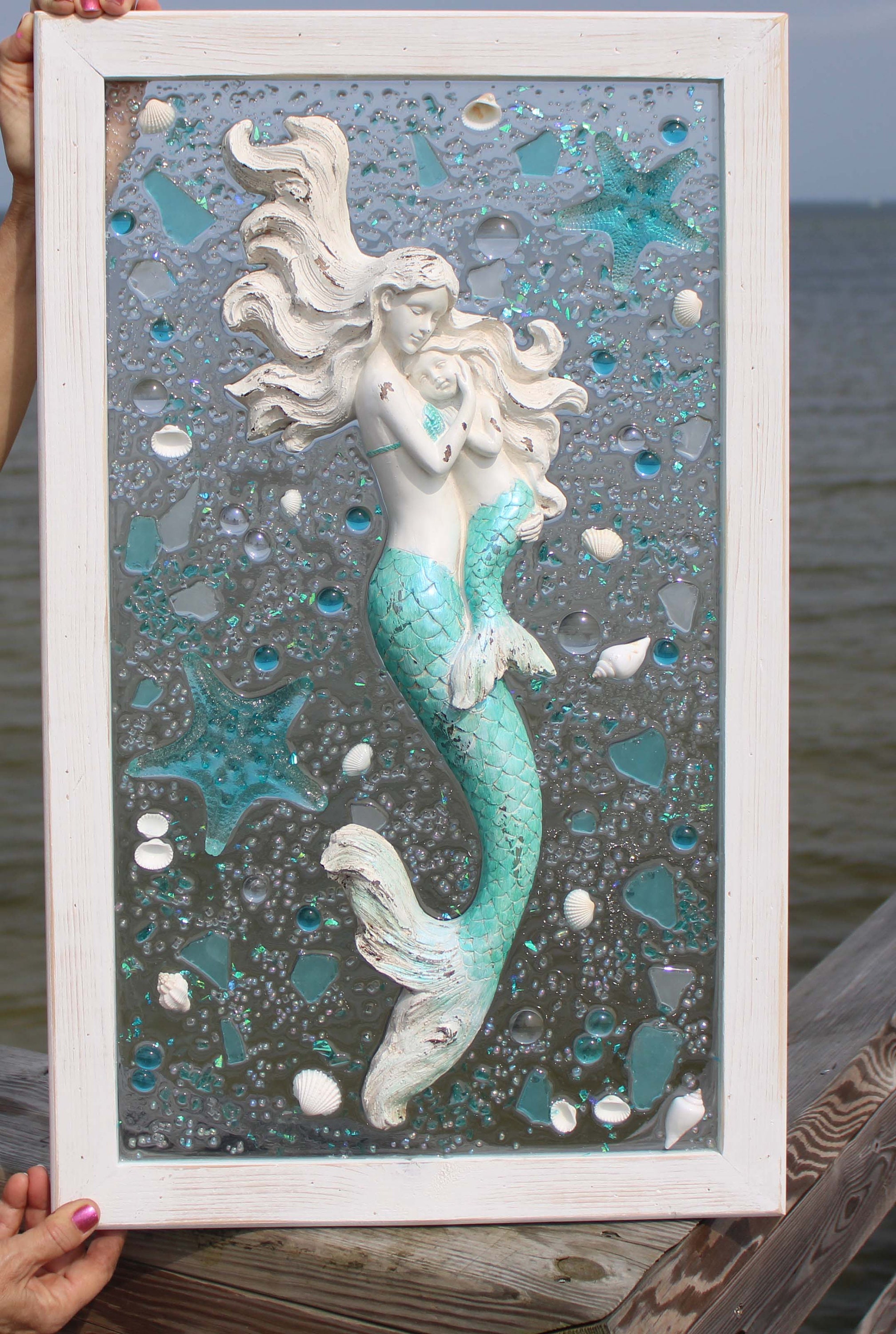 Mermaid Art, Mermaid and Baby, Resin Art, Beach Art, Coastal Decor, Sea ...