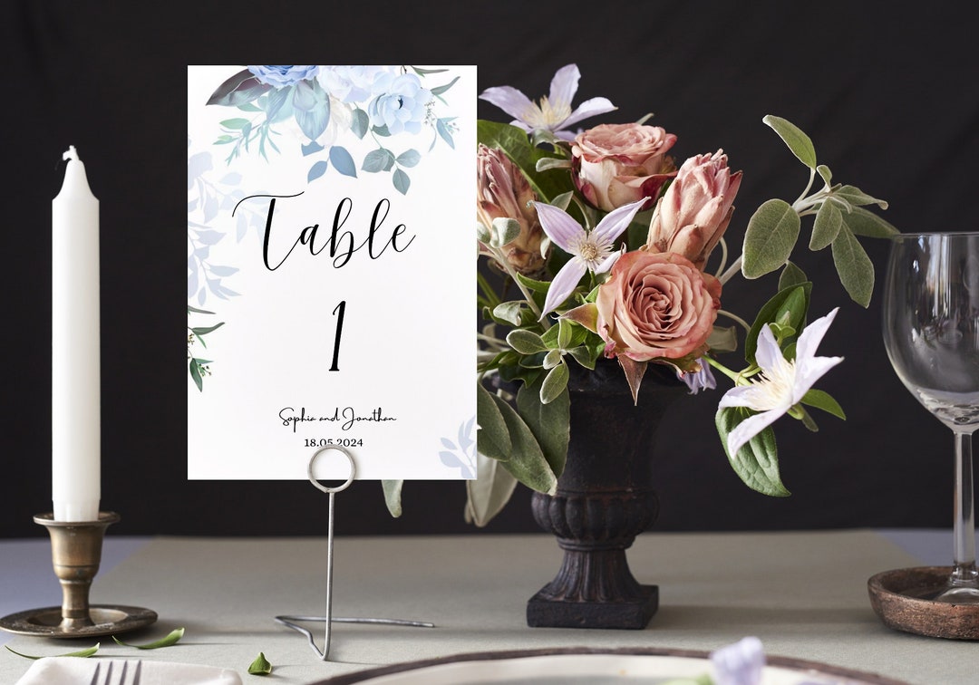 Dusky Blue Table Numbers, Wedding Sign, Reception Décor, Blue Floral ...