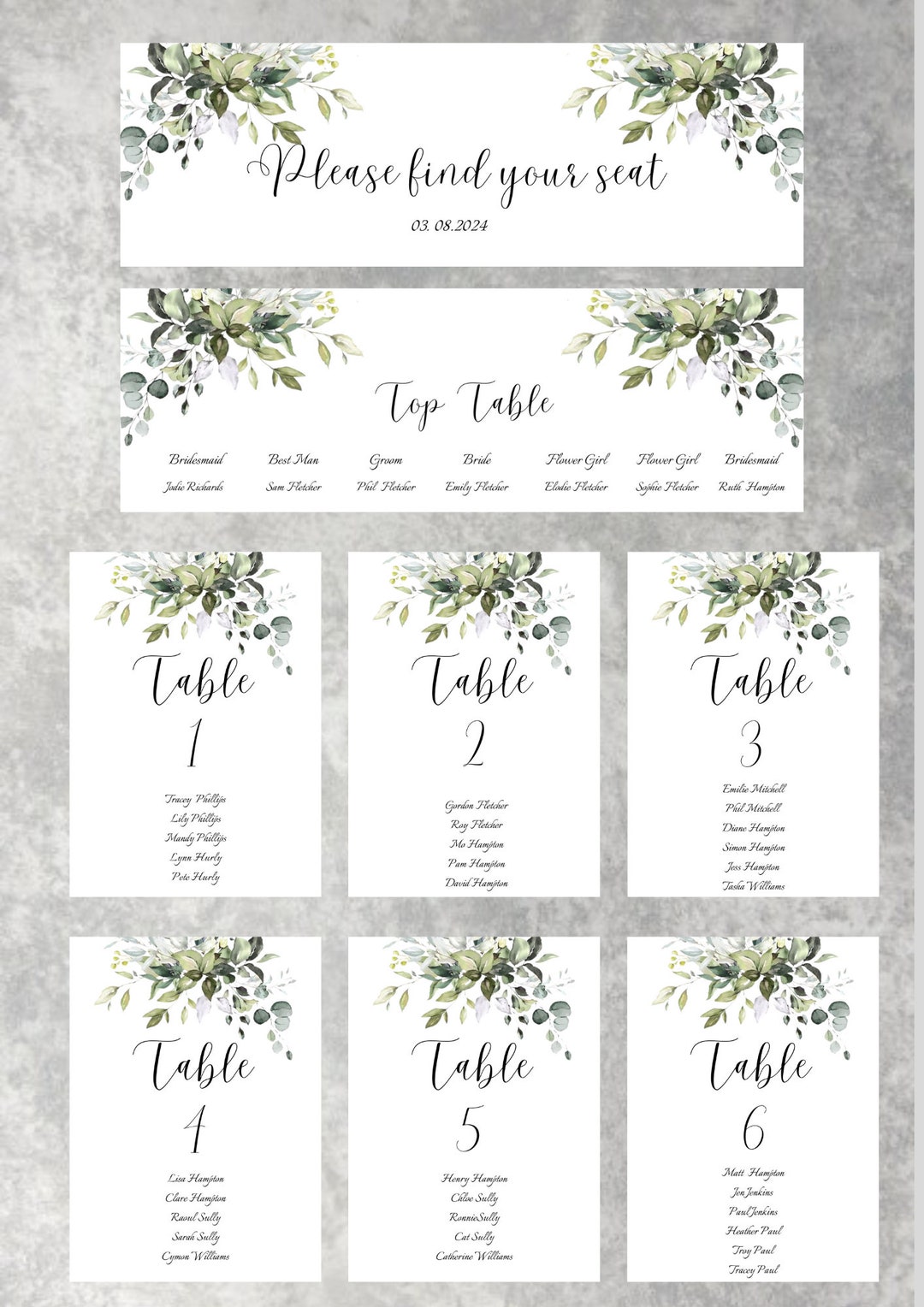 Eucalyptus Wedding Table Plan Cards Personalised Printed - Etsy