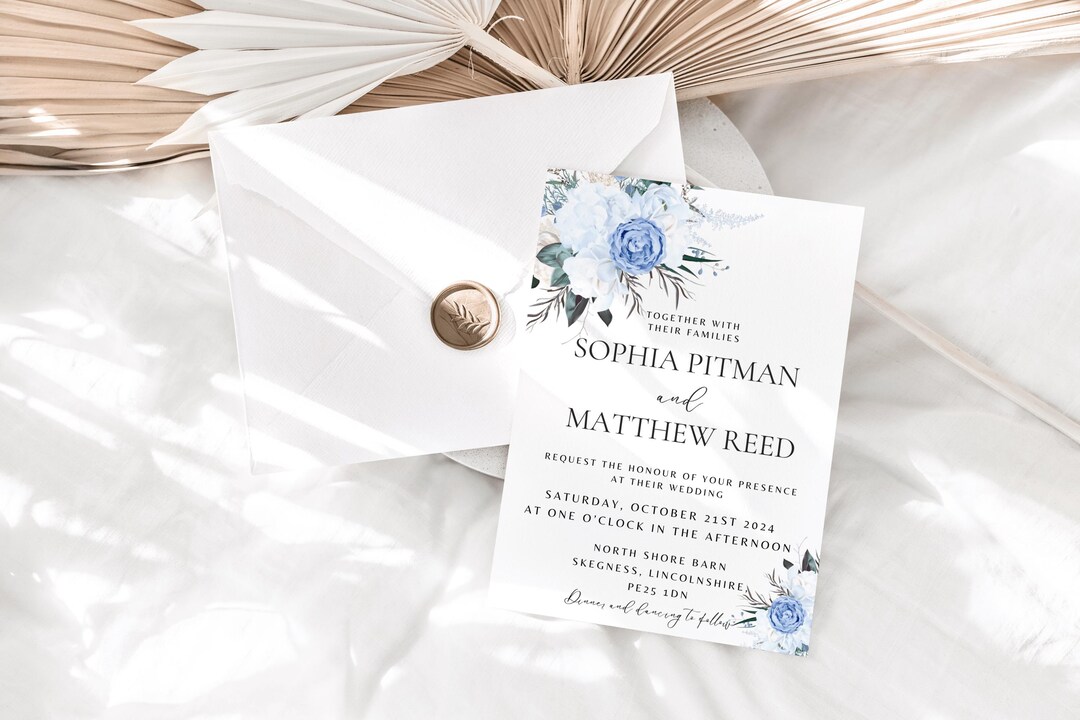 Dusty Powder Blue Floral Wedding Invitation: Day and Evening Invites ...