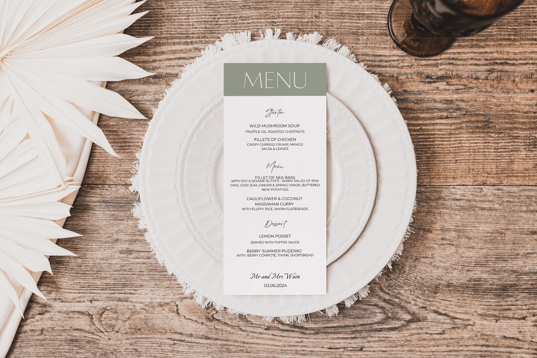 Sage Green Wedding Menu Cards | Wedding Breakfast Menu Card | Pastel ...