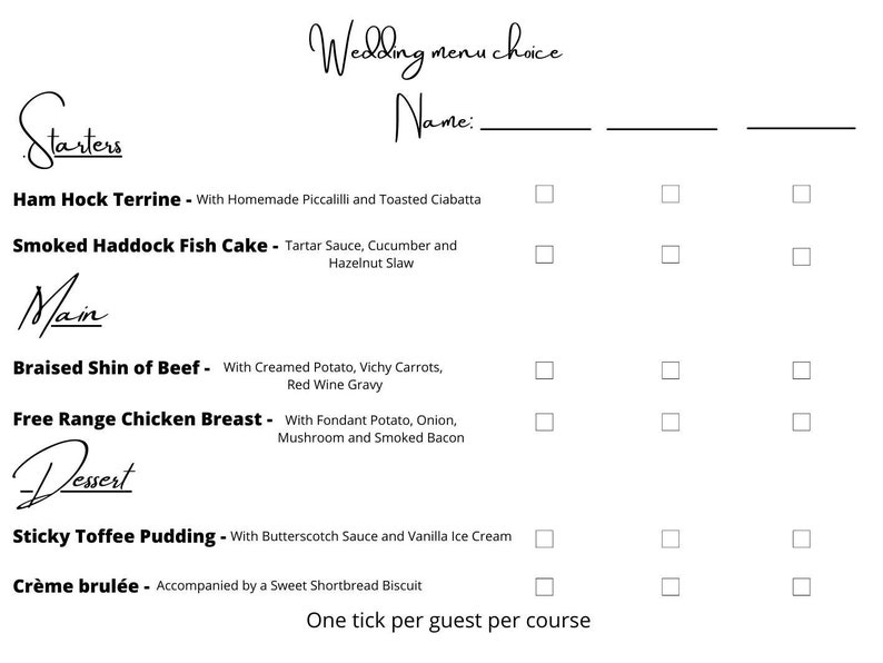 Wedding Guest Menu Choice Cards Guest Menu Choices Menu Tick - Etsy UK