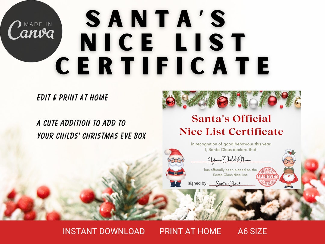 Editable Christmas Official Nice List Certificate DIY Printable Santas ...