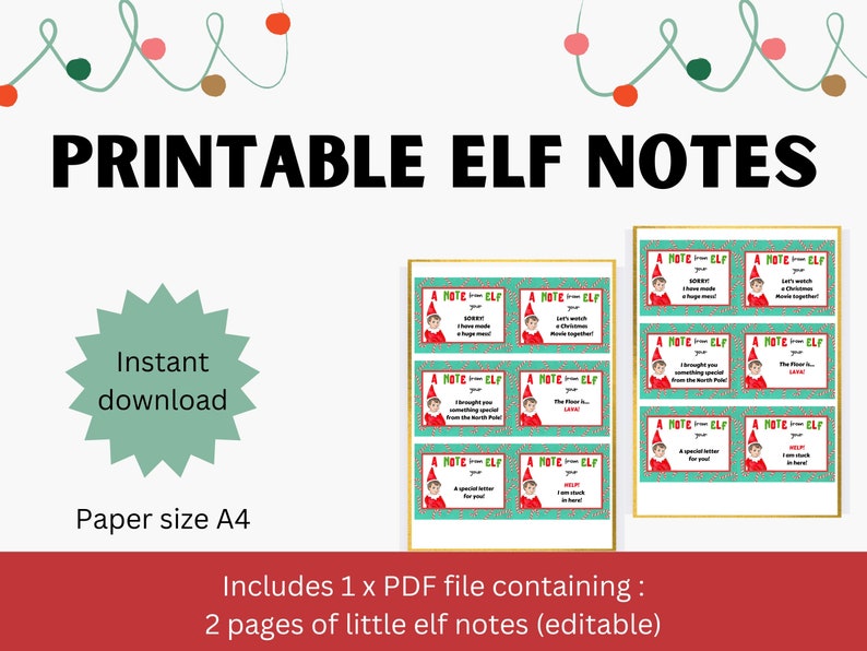 Elf Notes Printable Christmas Digital Instant Download - Note Cards ...