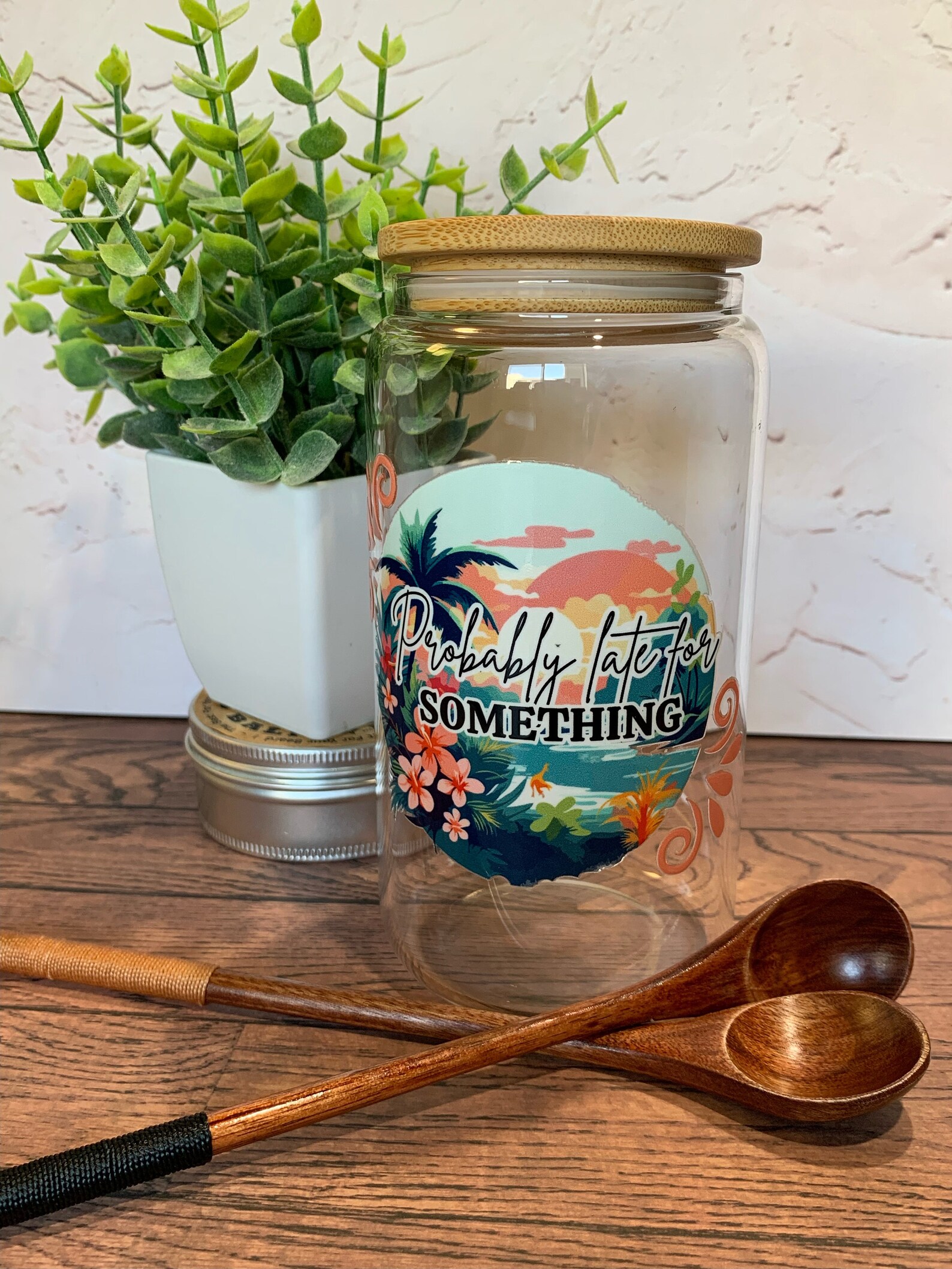 Funny Libbey Glass Tumbler Boho 16oz Wooden Bamboo Lid With Straw Iced ...