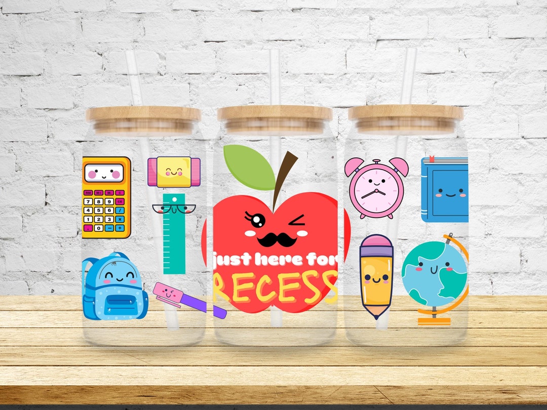Recess Cute Teacher Tumbler Libbey Glass Can 16oz Bamboo Lid Straw ...