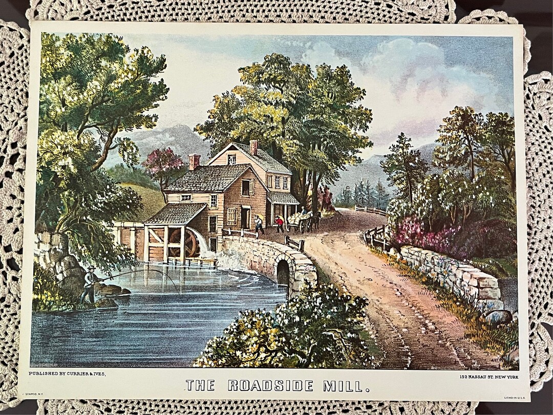 Vintage 12x9 Currier & Ives Lithograph - the Roadside Mill Litho in USA ...