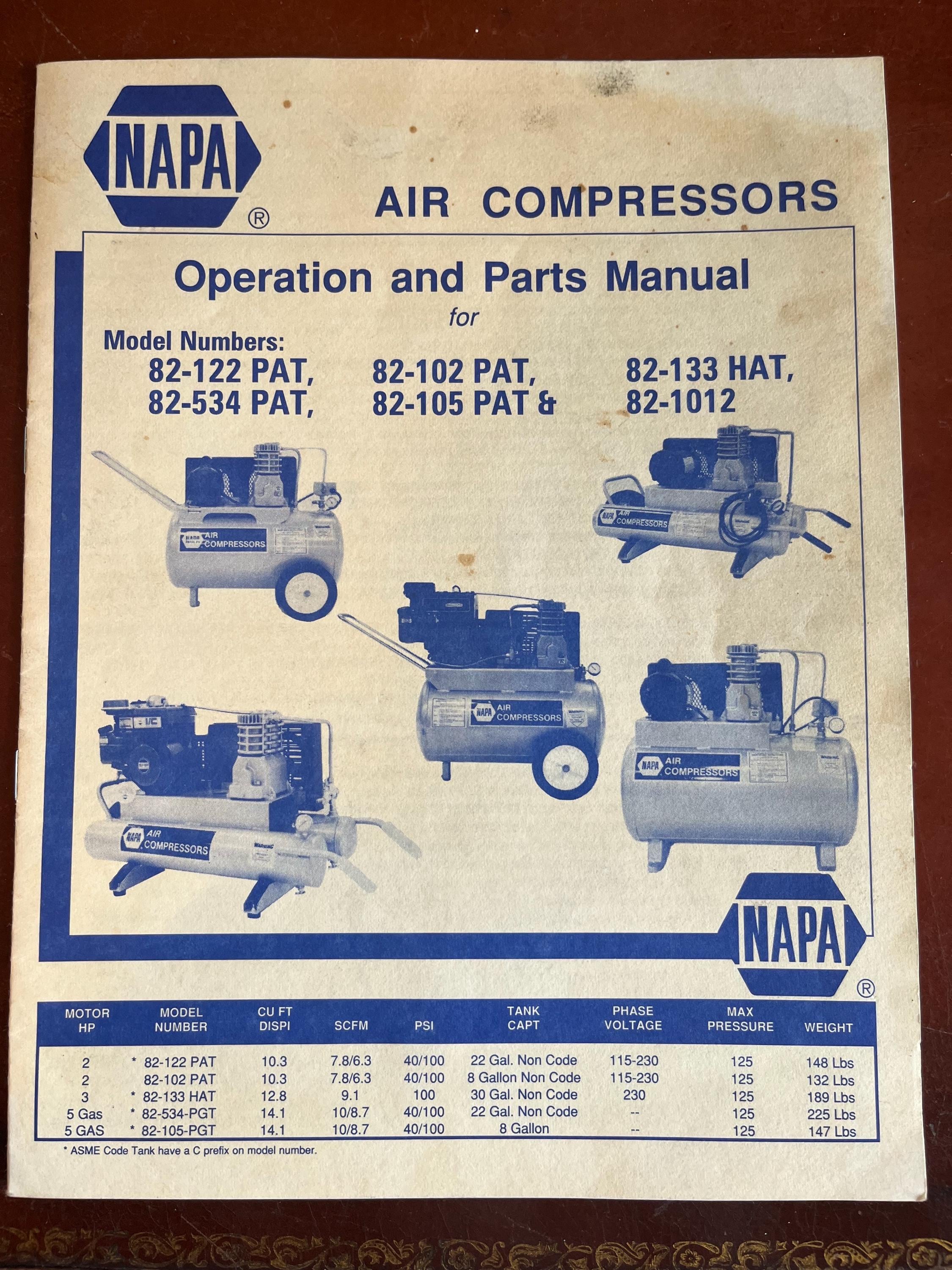 Vintage NAPA Air Compressors Operations and Parts Manual for 6 ...