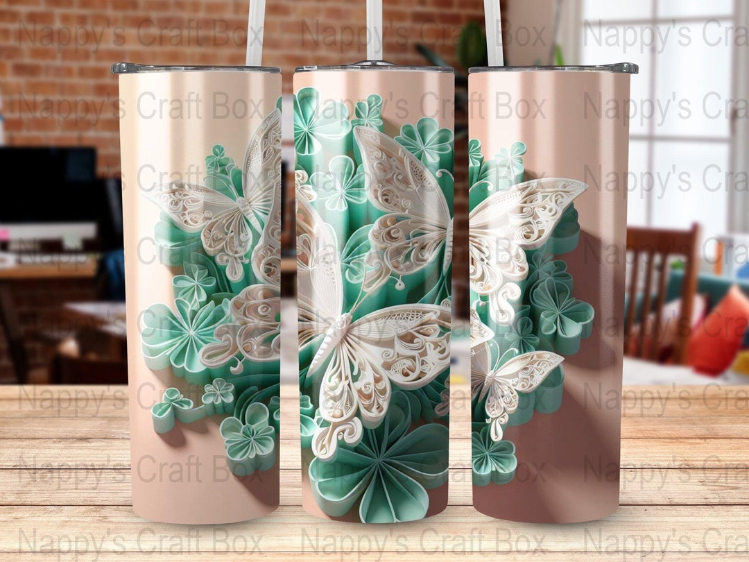 3D Paper Butterflies Clovers 20oz Skinny Tumbler Sublimation Design PNG ...