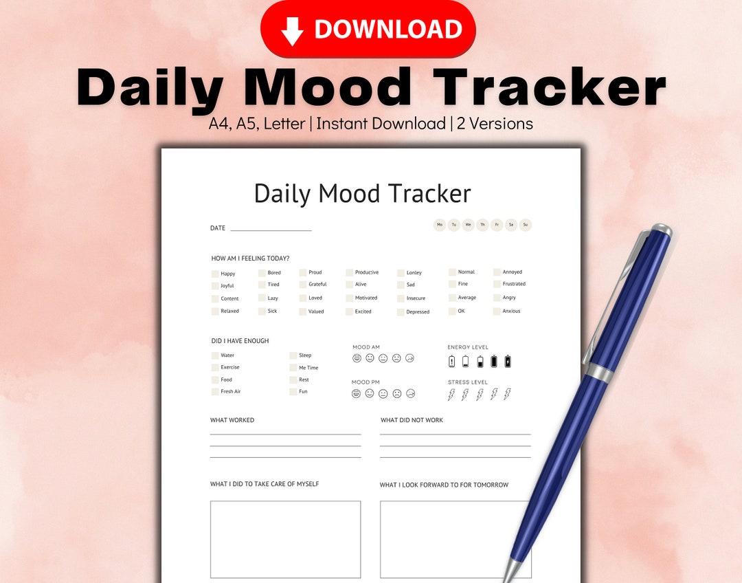 Daily Mood Tracker Printable Daily Mood Journal Wellness - Etsy