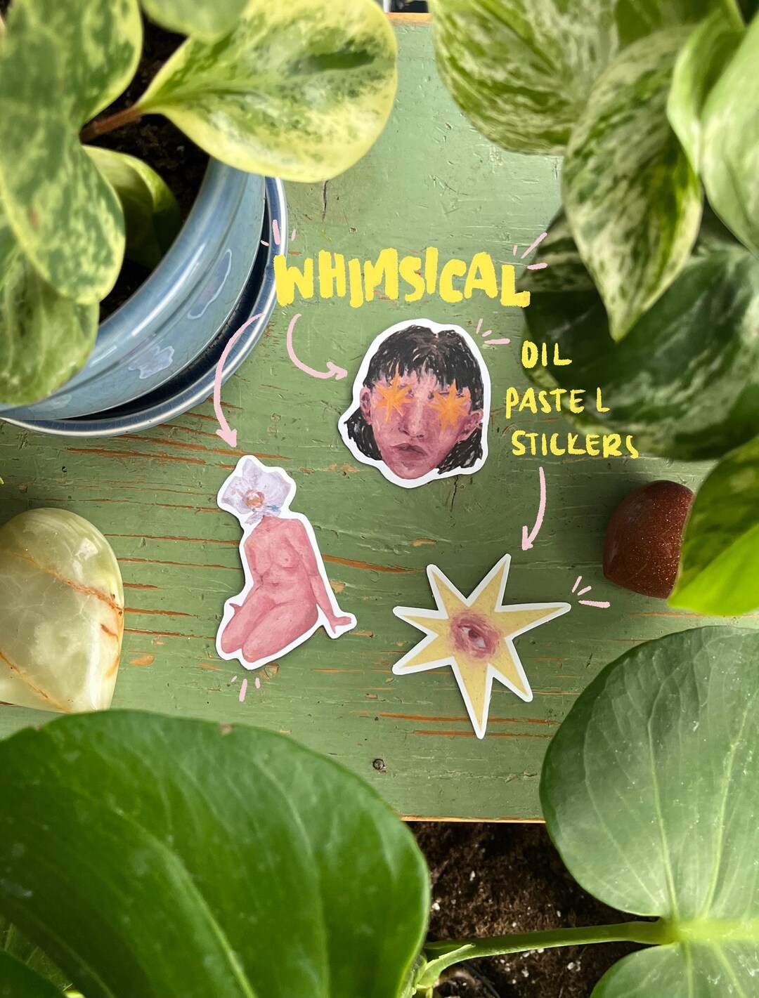 Whimsical Oil Pastel Vinyl Stickers - Star and Flower People Glossy ...