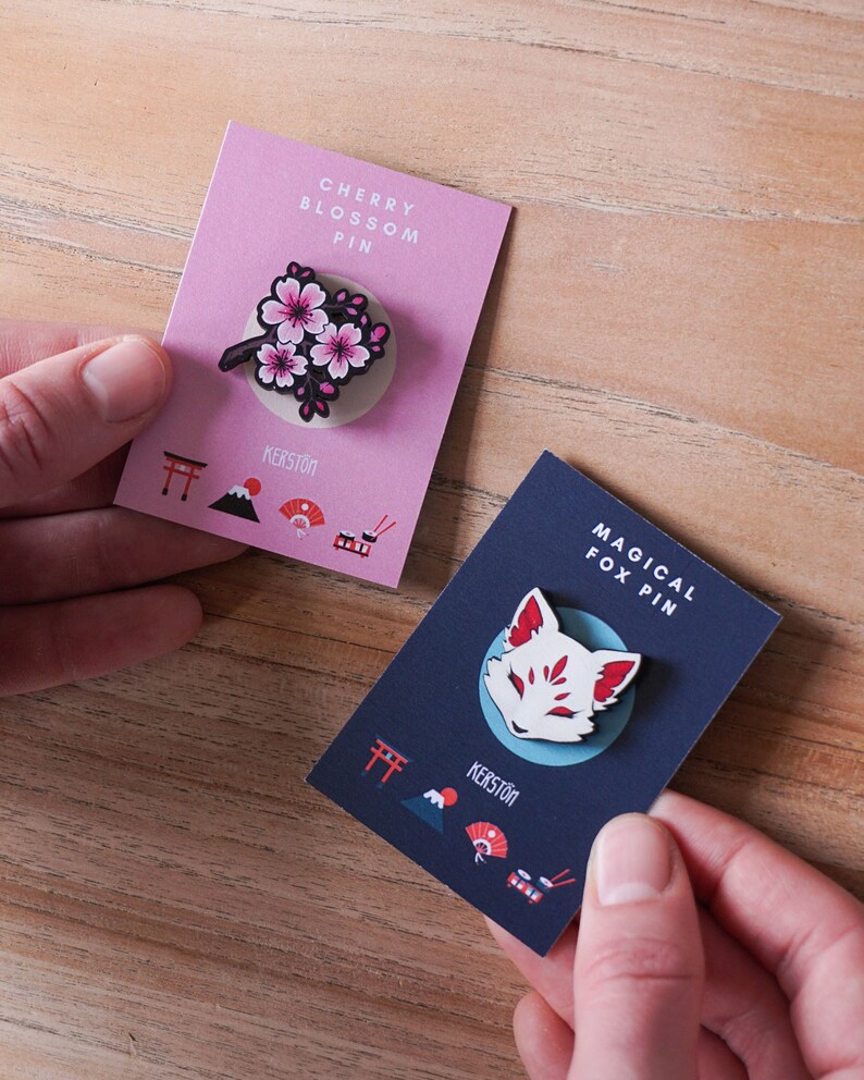 Japanese Themed Wooden Pins Kawaii Sakura and Kitsune Fox - Etsy