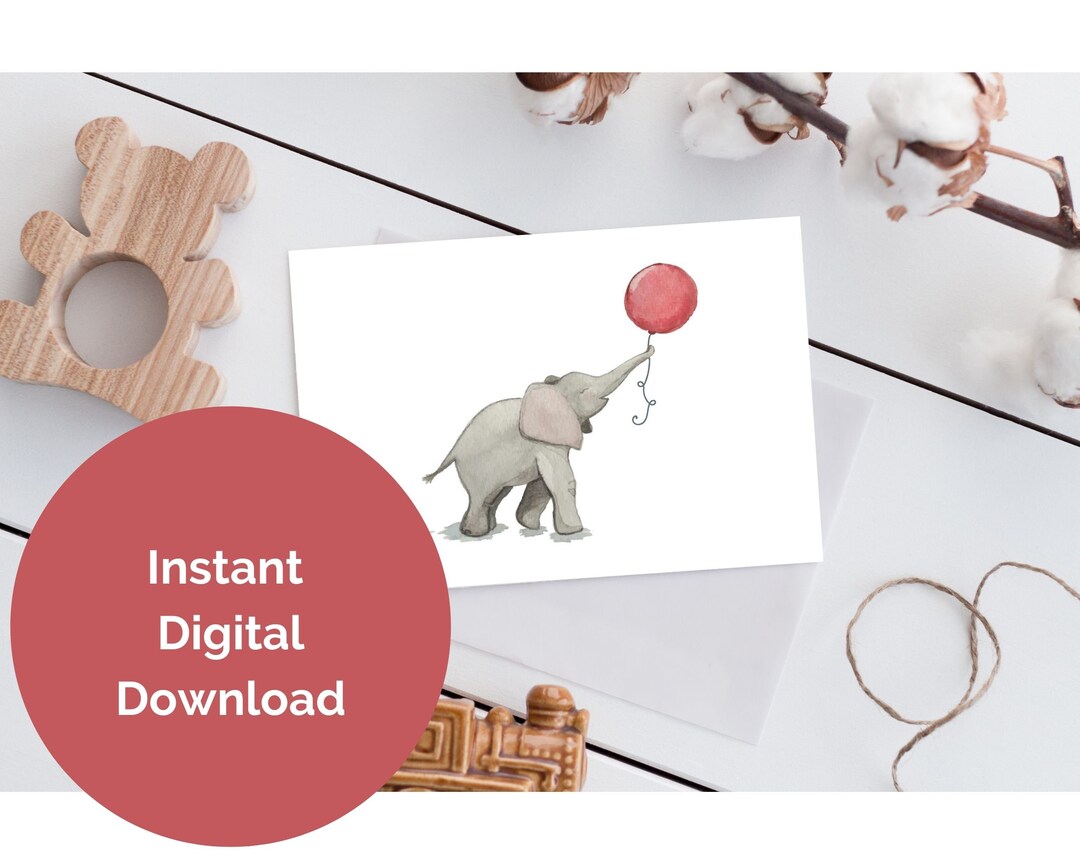 Elephant Card, Printable Blank Card, Cute Elephant With Red Balloon ...