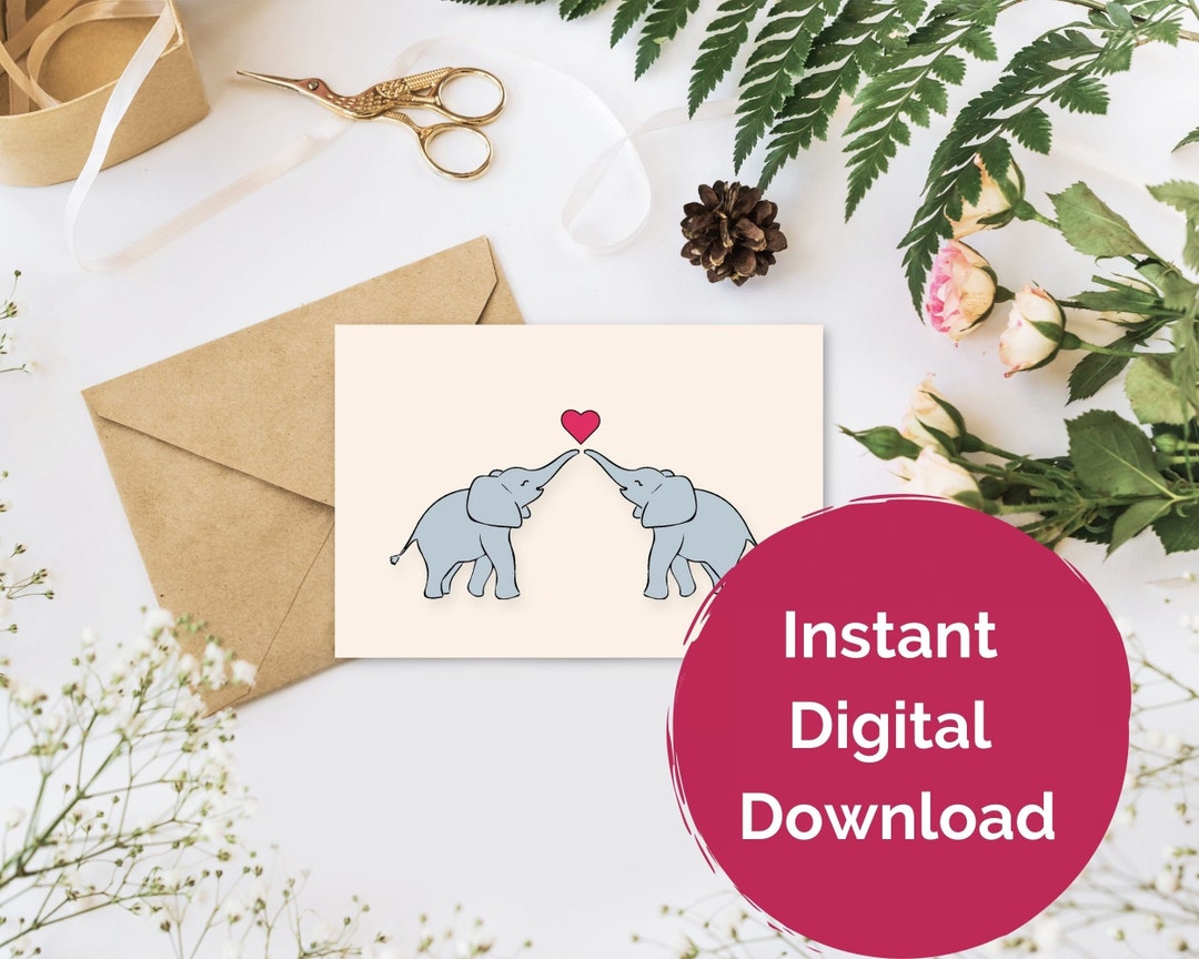 Elephant Card | Printable | Blank Card | Baby Elephants With Heart - Etsy