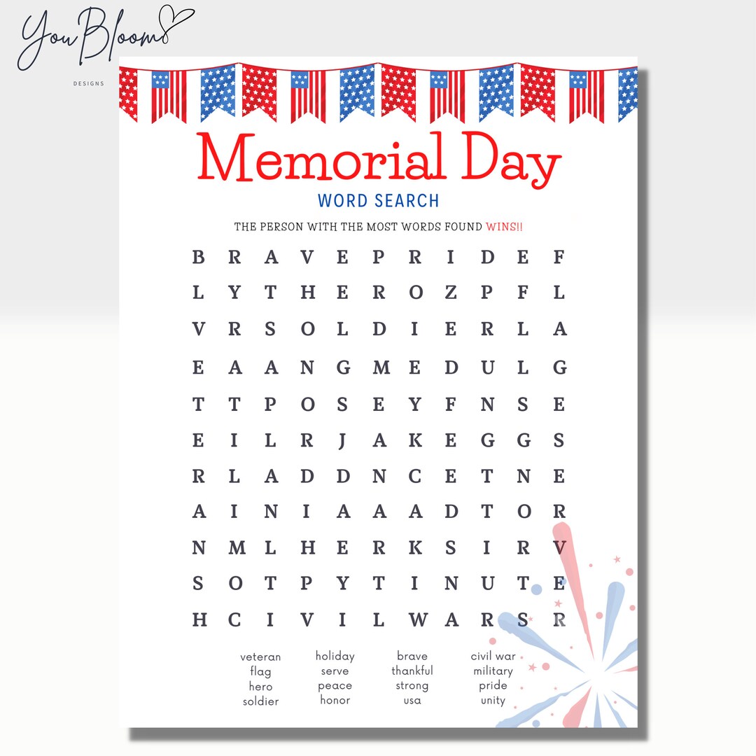 Memorial Day Word Search, Homeschool Activity, U.S. History, Memorial ...