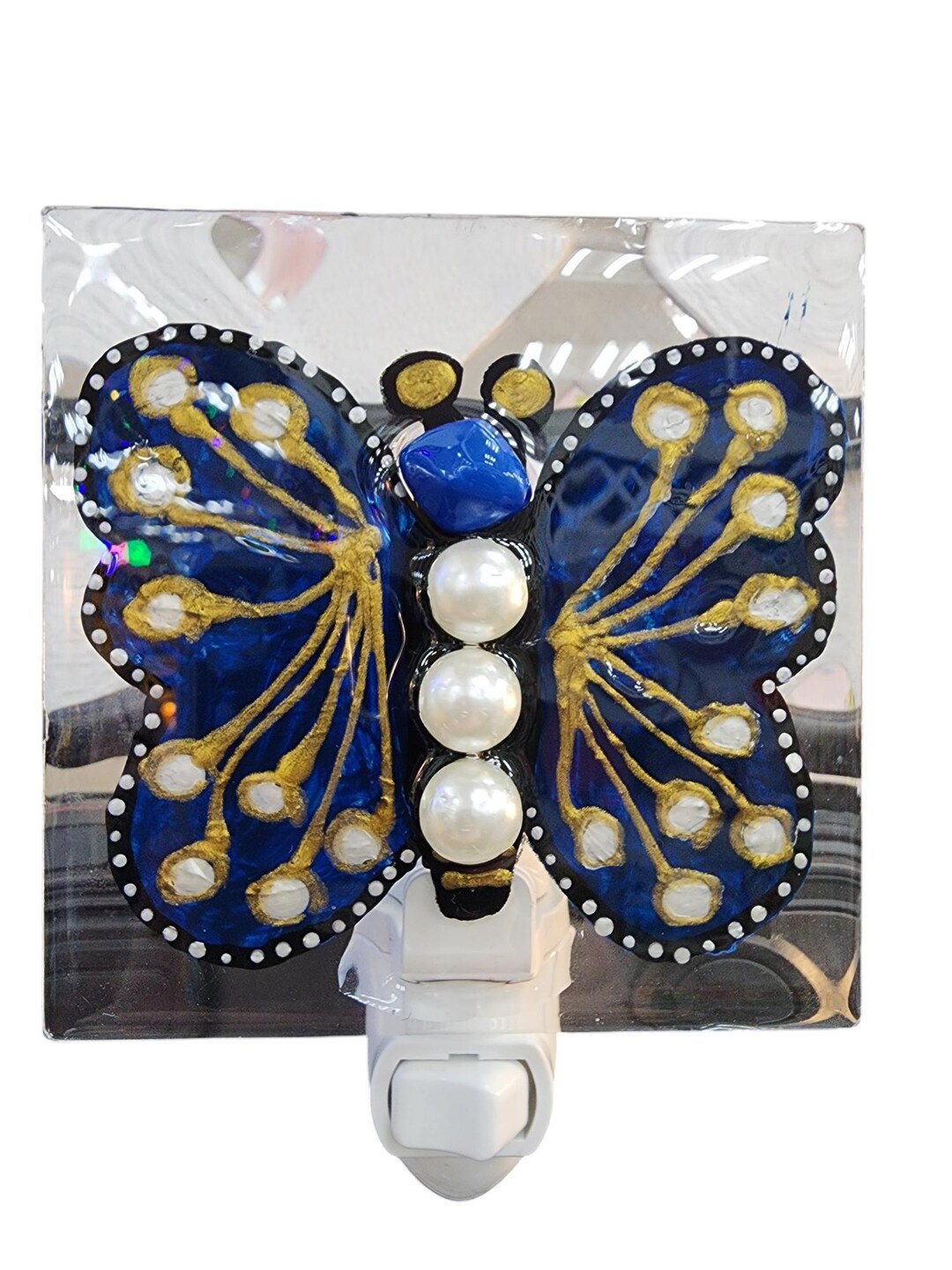 Hand Painted Blue Butterfly Night Light, Blue and Gold Butterfly Night ...