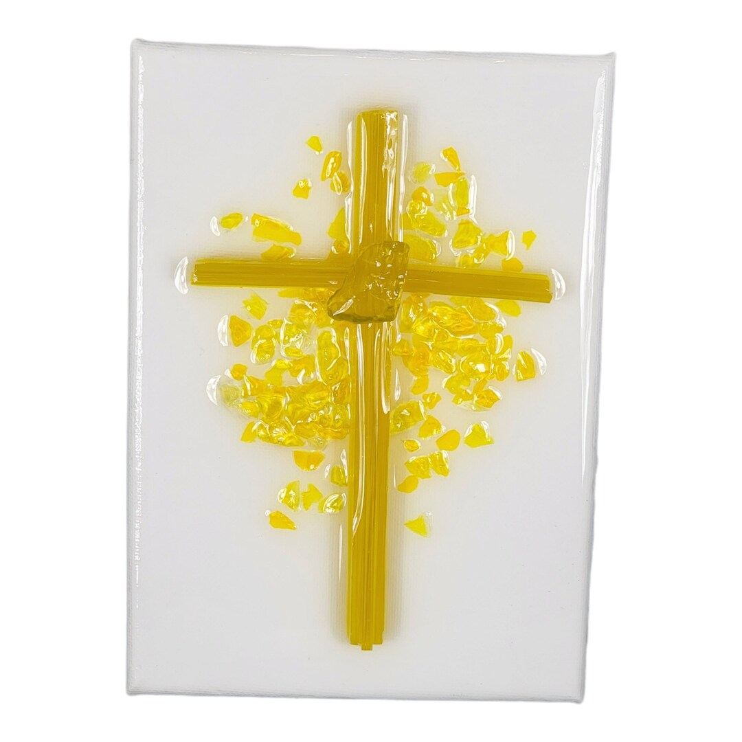 Yellow Cut Glass Cross With Yellow Crushed Glass Accents, Religious ...